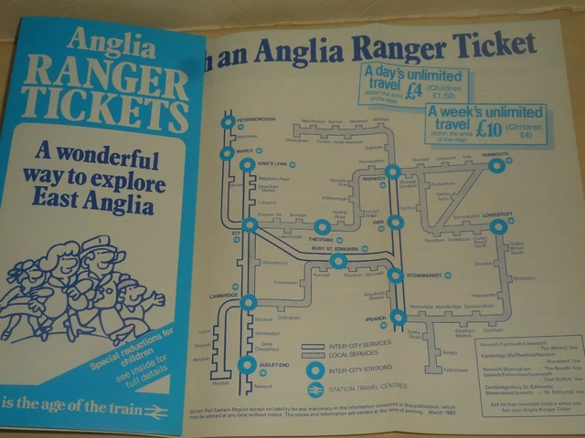 1982 ANGLIA RANGER TICKETS Train Stations Map Brochure Great Britain £8 ...