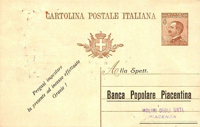 INTERO POSTALE - Regno - Michetti - 40 c bruno-25-stemma I per Piacenza ...