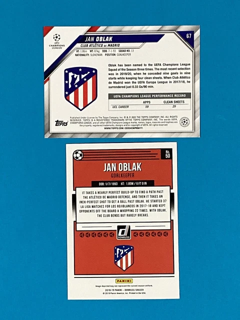 JAN OBLAK 2 card lot- 2018-9 Donruss #50 + 2022 Topps #67 Atletico ...