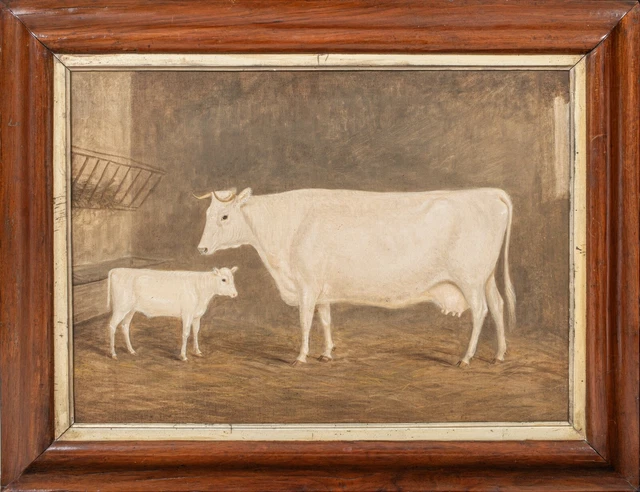 LARGE 19TH CENTURY Prize White Cow Calf Portrait William Henry Davis ...