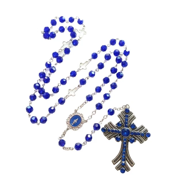 8MM BLUE CRYSTAL Bead Rosary Necklace Catholic Religious Jewelry for ...