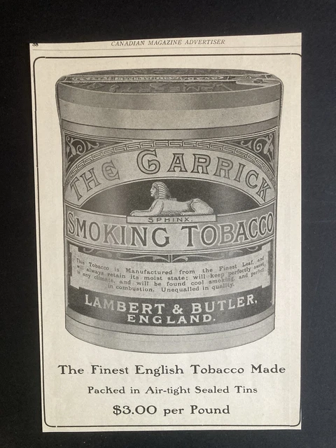 ANTIQUE CANADA Canadian Ad 1906 GARRICK Smoking Tobacco, Lambert Butler ...