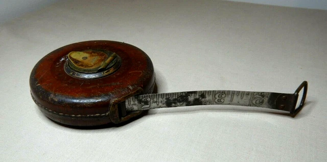VINTAGE JOHN RABONE And Sons Steel Ruler Leather And Brass Cased 50Ft ...