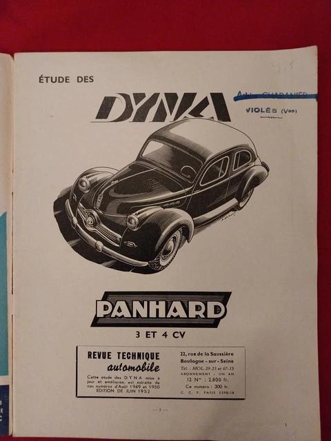 REVUE TECHNIQUE PANHARD Dyna Dyna 110 Dyna 120 3 4 Cv 610 745 Cc 1948 ...