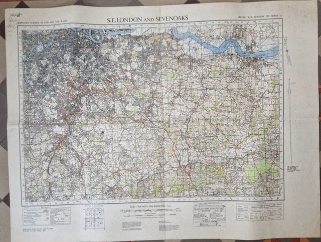 WW2 REVISION 1940 Vintage Paper Sheet Map South East London Sevenoaks ...