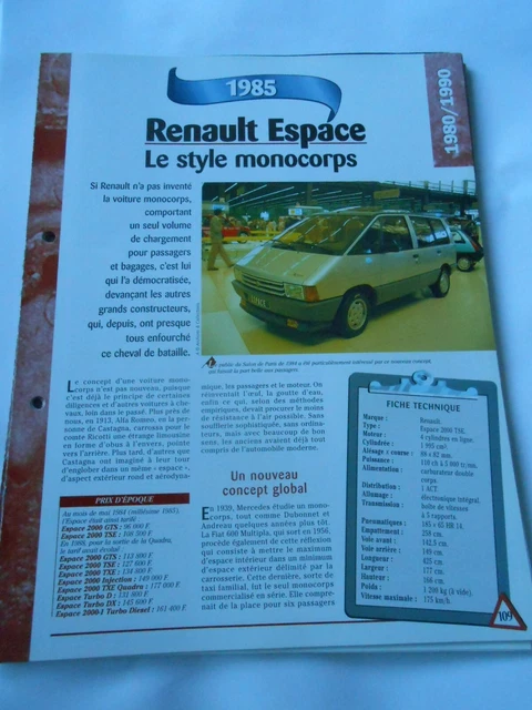 RENAULT ESPACE LE style Monocorps 1985 Fiche Technique Auto EUR 3,99 ...