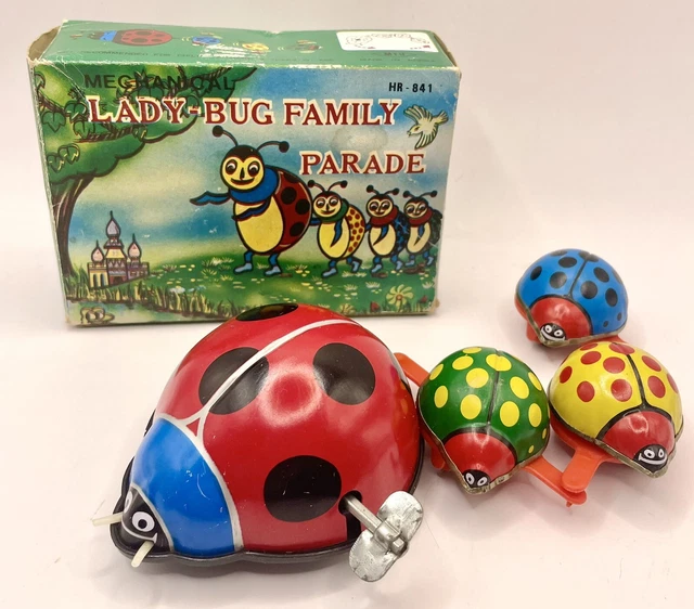 VINTAGE MECHANICAL LADY-BUG Family Parade Wind-Up Tin Toy w/ Box WORKS ...