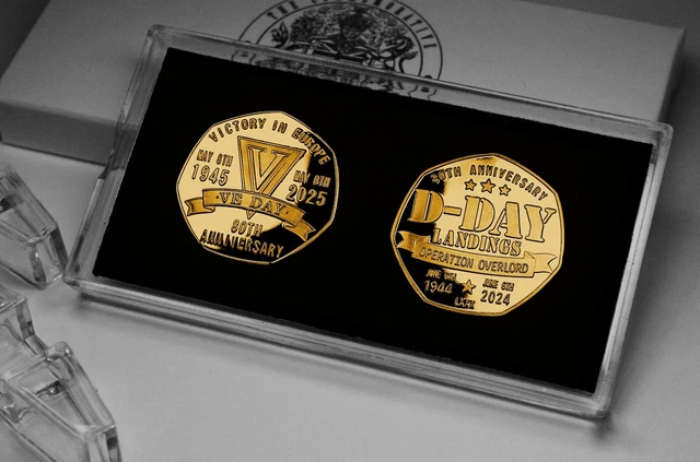 D-DAY & VE DAY 80th Anniversary Commemorative Coins in Case. 1944 1945 ...