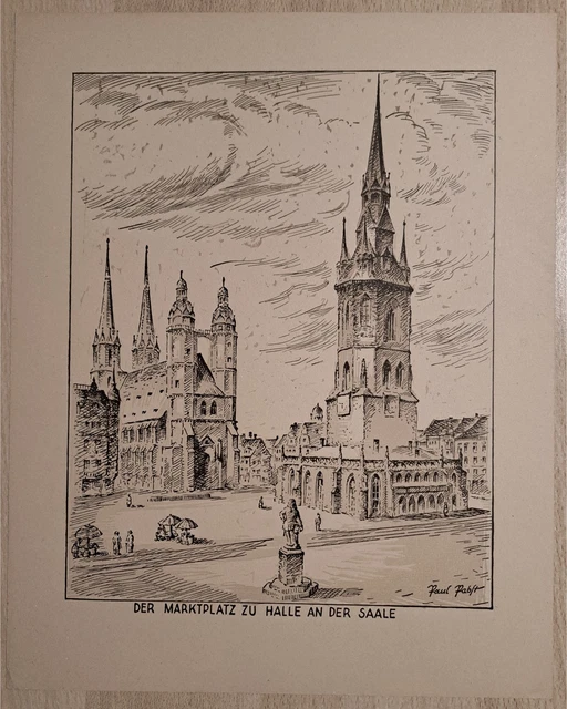 PAUL PABST: DER Marktplatz von Halle an der Saale, Stich, leicht ...