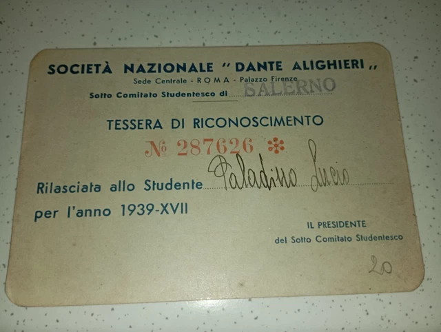 TESSERA RICONOSCIMENTO Società Nazionale Dante Alighieri Del 1939 EUR 5 ...
