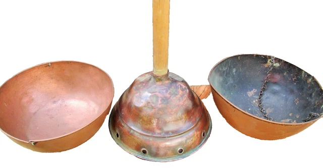ANTIQUE COPPER WASHING Dolly POSSER roll holder plus 2 copper bowls £10 ...