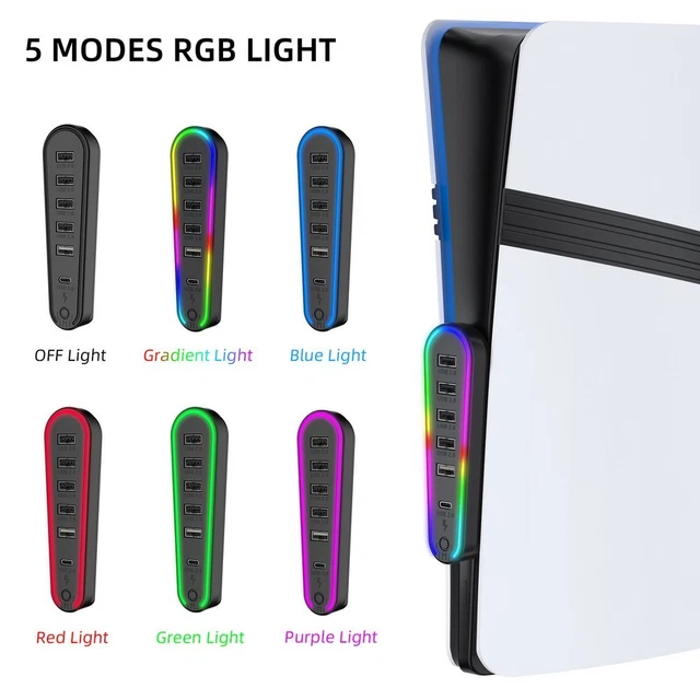 USB HUB FOR PS5 Pro Slim 6 Port Hub with RGB LED and Efficient Charging ...