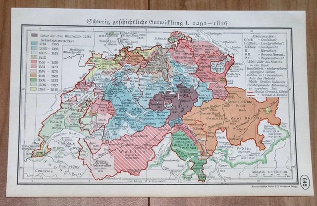 1938 ORIGINAL VINTAGE Historical Map Of Switzerland Growth 1291-1816 £18.89 - PicClick UK