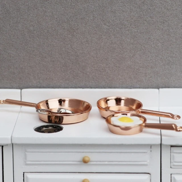 3PCS MINIATURE DOLLHOUSES Kitchen Frying Pans 1/12 Dollhouses Kitchen ...