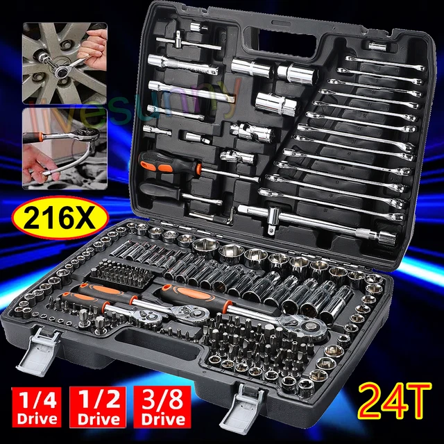 PROFESSIONAL 216 PC Socket & Bit Set 1/4 3/8 1/2" Drive Ratchet Wrench ...