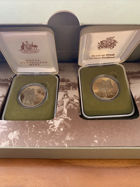 1990 AUSTRALIAN NEW Zealand Anzac 75th Anniversary 2x $5 Proof Coin Set ...