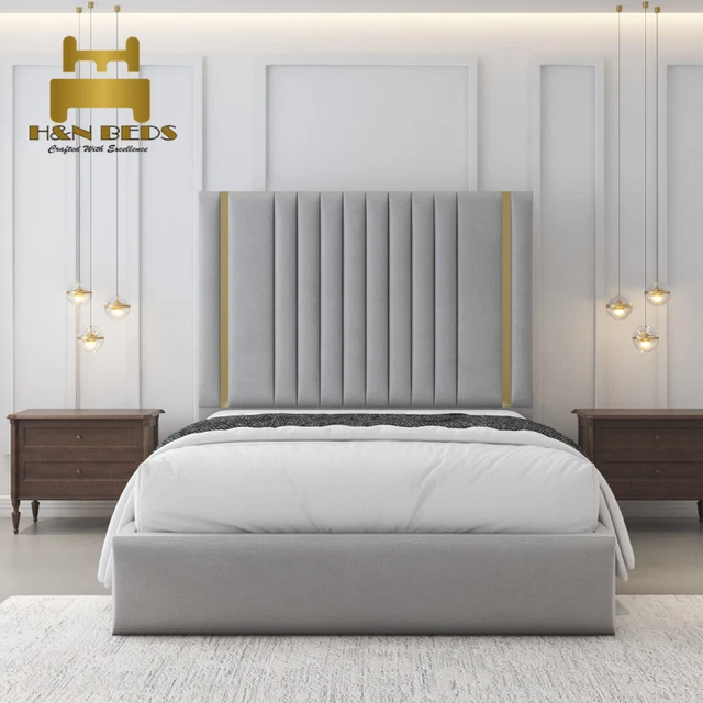 LUXURY GOLDEN STRIP Panel Bed Frame Plush Velvet Upholstered Gas Lift ...