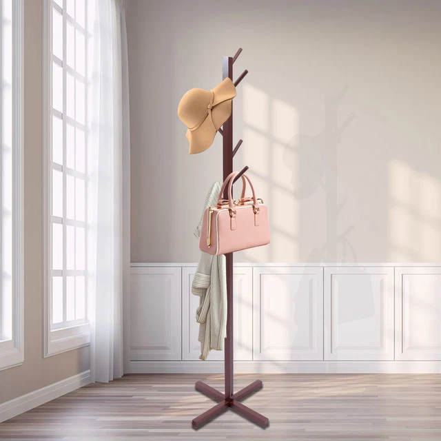 WOODEN COAT RACK Stand Free Standing Tree Clothes Hanger Hat Coat Rack ...