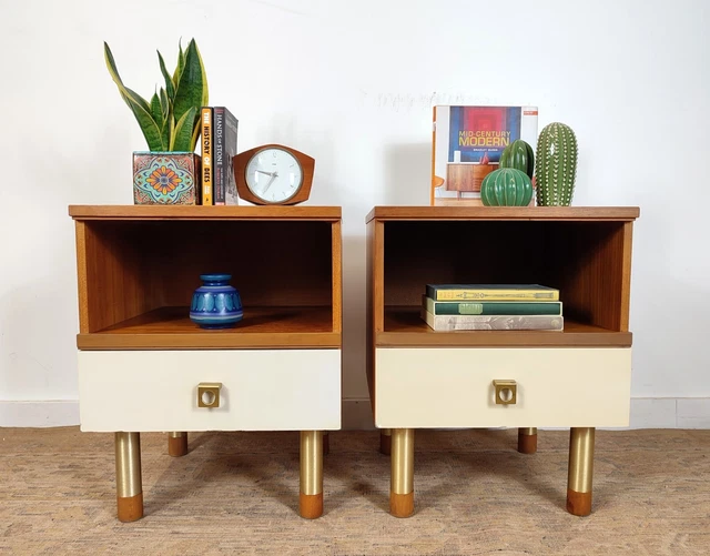 VINTAGE RETRO BEDSIDE Tables Uniflex Teak Del Avail £175.00 - PicClick UK