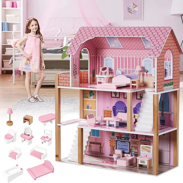 LARGE WOODEN DOLL House 3-Storey Kids Large Dollhouse with Furniture ... LARGE WOODEN DOLL House 3-Storey Kids Large Dollhouse with Furniture ...