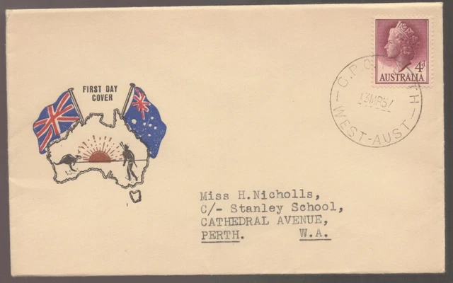1957 AUSTRALIA QE11 Queen Elizabeth 4d Brown CHALLIS FDC $29.95 ...