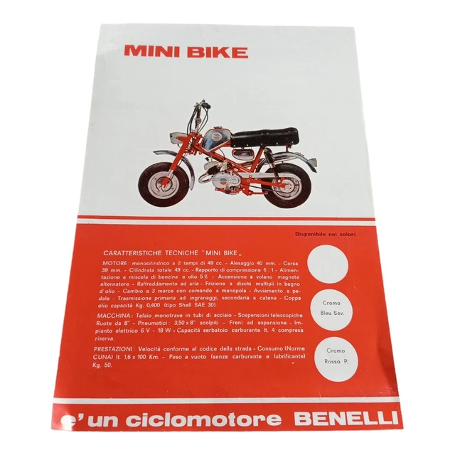 MINI DEPLIANT PUBBLICITARIO Benelli Mini Bike Motocicli Vintage EUR 8 ...