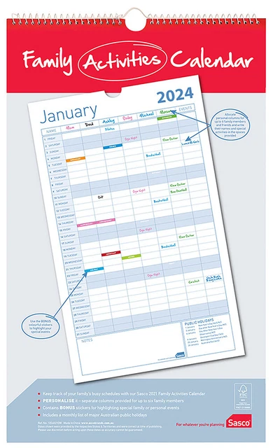 2024 SASCO CALENDAR Year Family Activities Spiral Wall Planner 253 x ...