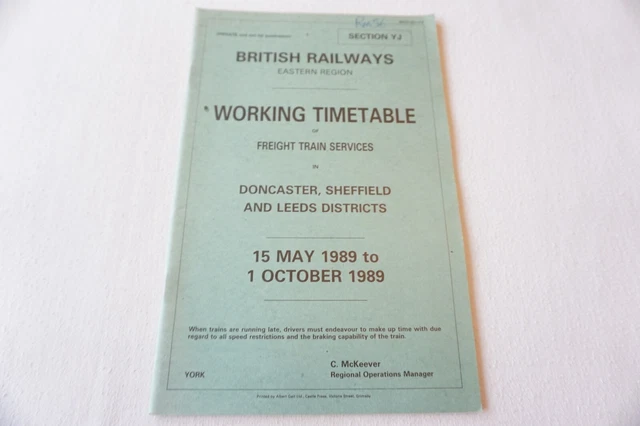 MAY 1989 EASTERN Region Railway Working Timetable Section YJ Freight £ ...