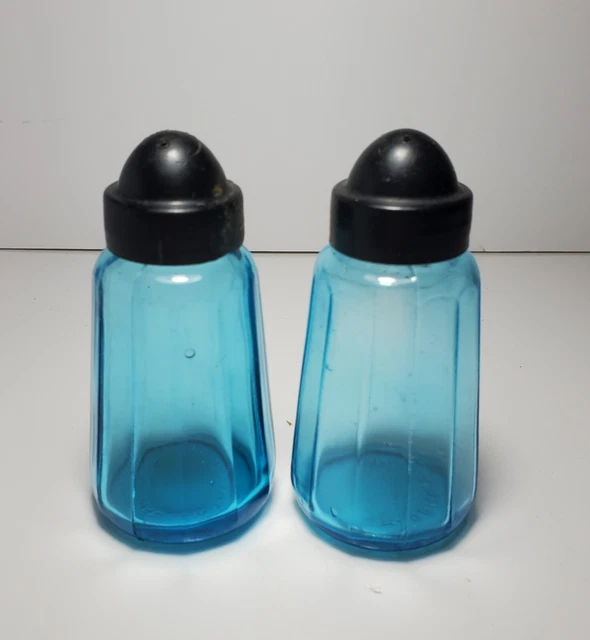 VINTAGE TURQUOISE BLUE Glass Salt And Pepper Shakers Bakelite Lid $25. ...