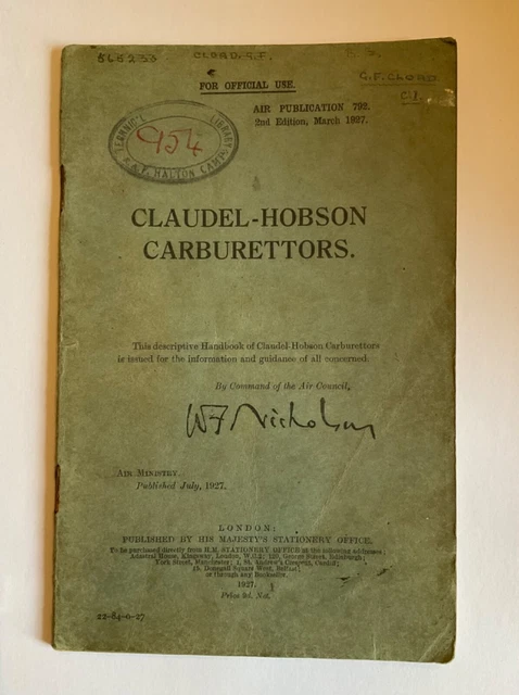 WWI INTERWAR RFC RAF Air Publication Claudel Hobson Carburettors manual ...