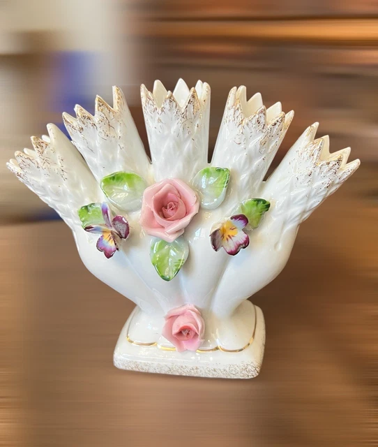 VINTAGE LEFTON CHINA Ceramic Five Finger Vase Floral Rose 5" Tall Gold ...