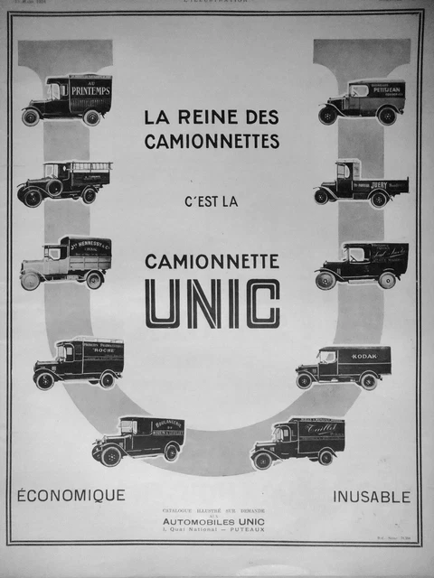 PUBLICITÉ 1924 AUTOMOBILES Unic La Reine Des Camionnettes Économique ...