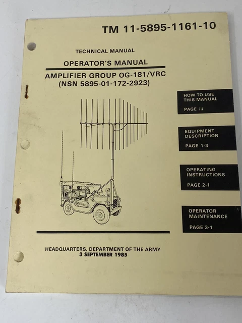 MILITARY ARMY AMPLIFIER Group TM 11-5895-1161-10 Technical Manual 1986 ...