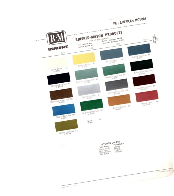 1969 AMC COLOR Chip Paint Sample Brochure/Chart: AMX,JAVELIN,REBEL ...