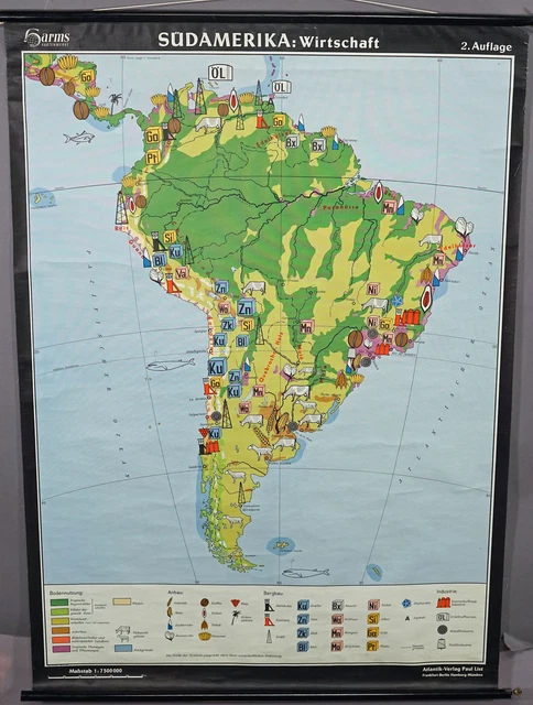 VINTAGE MURAL MAP Rollable Wall Chart South America Economy Pictures £ ...