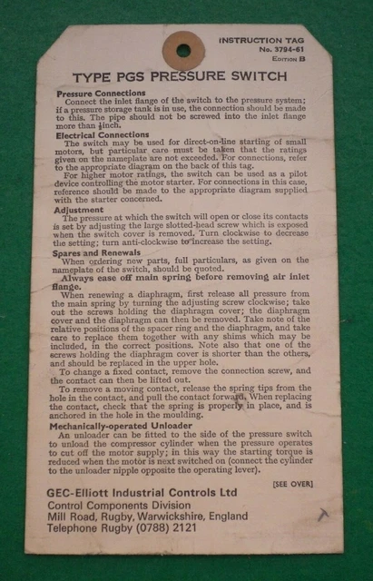VINTAGE GEC ELLIOTT Pgs Pressure Switch Instruction Tag (1973) Single 2 ...