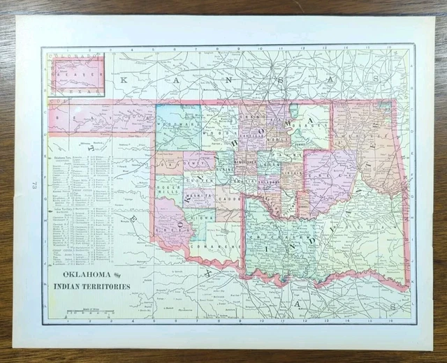 VINTAGE 1901 OKLAHOMA INDIAN TERRITORY Map 14"x11" Old Antique Original ...