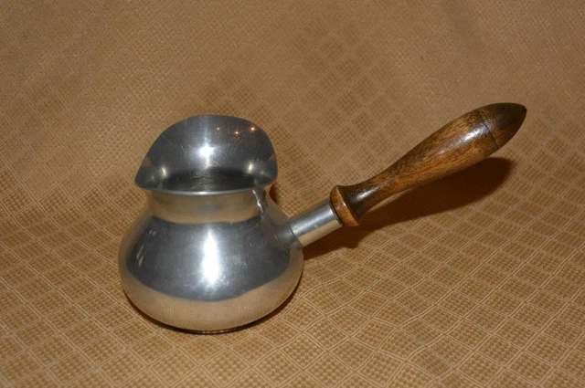VINTAGE STIEFF PEWTER ATC P53-12 Pipkin pot for hot brandy sauce wood ...