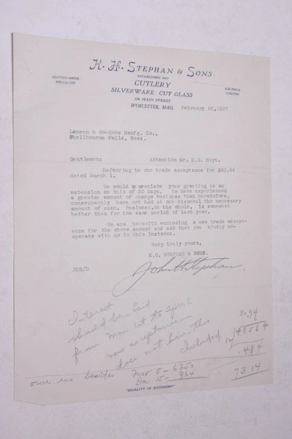 1927 LAMSON GOODNOW K H Stephan Sons Worcester MA lettre de paiement ...