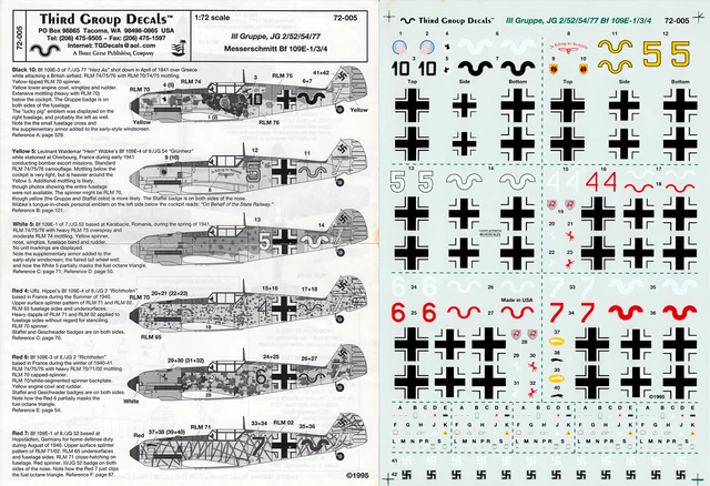 THIRD GROUP DECALS 1/72nd Messeschmitt Bf 109E-1, E-3, E-4 #72-005 ...