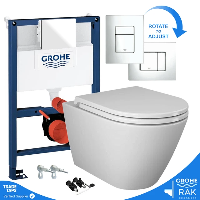 GROHE 0.82M CONCEALED Cistern WC Frame & RAK Rimless Wall Hung Toilet ...