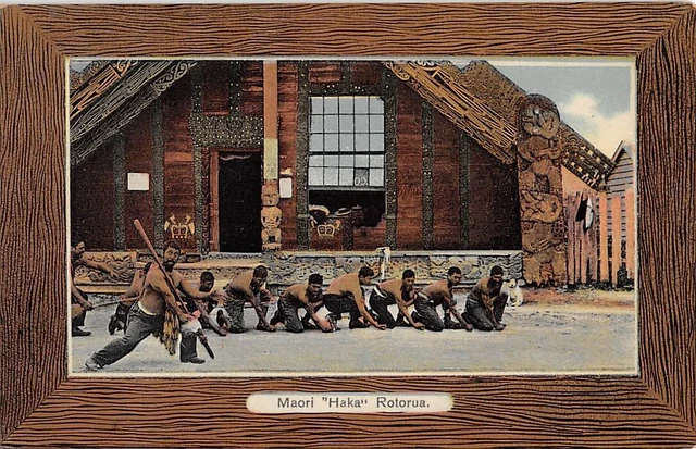 ROTORUA,NZ ~ MAORI MEN PERFORM HAKA DANCE, HOUSE IN BKGRD, J. B. PUB ...