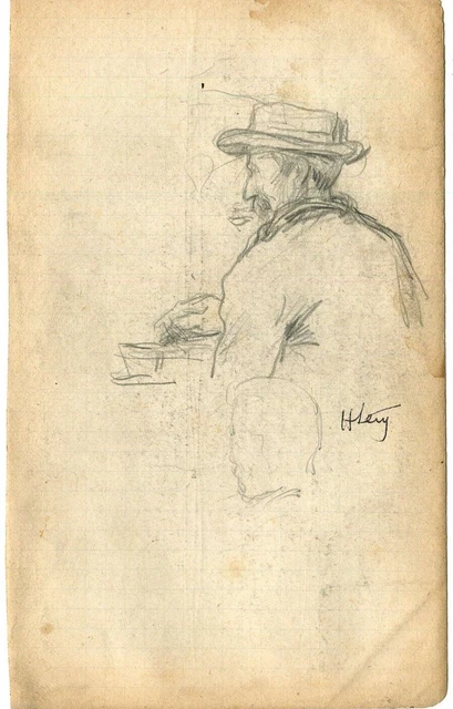 DESSIN AU CRAYON vintage Croquis original signé de l’homme au chapeau ...