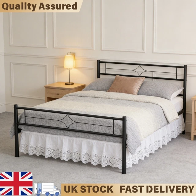 HEAVY DUTY METAL Bed Frame Double 135x190cm Black Headboard Footboard ...