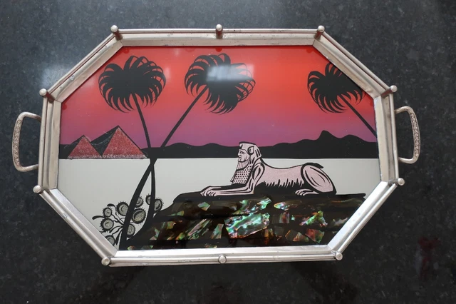 PLATEAU ART DÉCO Ancien Tableau Nil Égypte Sphinx Pyramide Fixé Sous ...