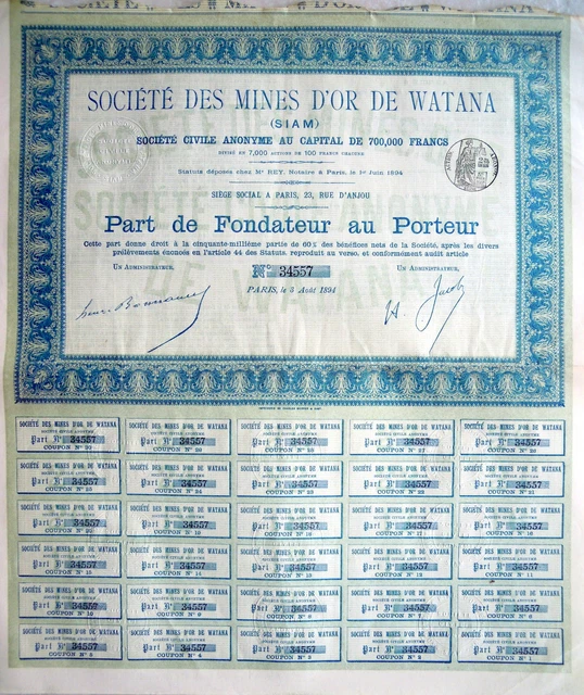 SOCIÉTÉ DES MINES d'or de Watana - Part de fondateur au porteur - 1894 EUR 6,00 - PicClick FR