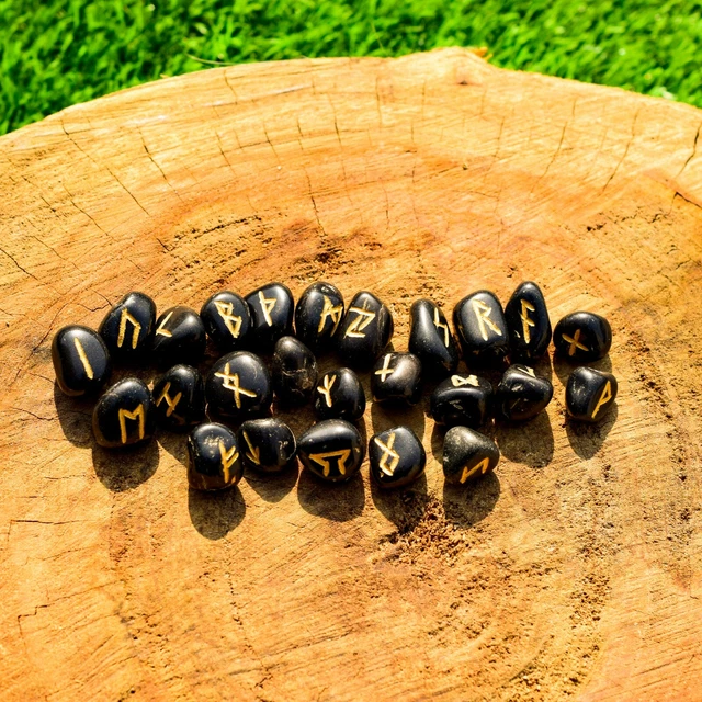 BLACK TOURMALINE RUNE Stones Set Viking Elder Futhark Norse Witches ...