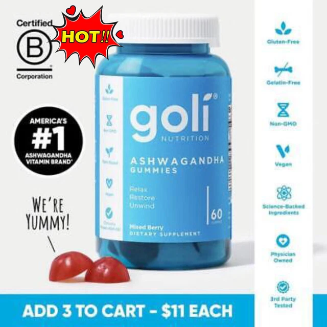 GOLI NUTRITION ASHWAGANDHA Gummies Mixed Berry 60 Count Gummies ...