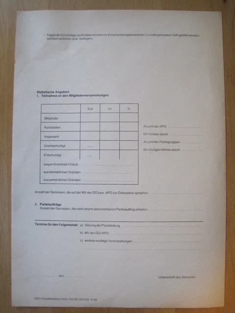VORDRUCK SED BERICHTSBOGEN monatliche Parteiarbeit DDR blanko 1984 DIN ...