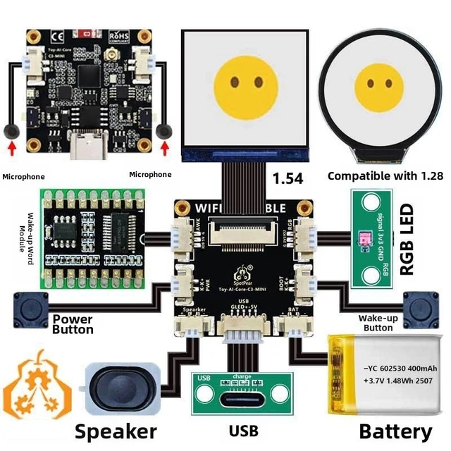 COMPACT AI VOICE Robot Development Board for ESP32 C3 with RGB Lights ...